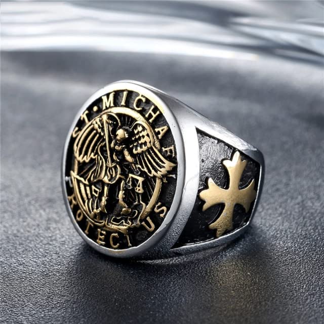 Vintage Stainless Steel Angel Michael Ring for Men Boy Punk Christian Knight Saint Michael Protect Us Ring Jewelry Gift, Between Gold, 11