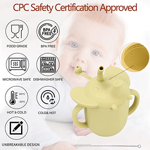 Silicone Sippy Cup for Toddler, Transition Straw Cups for baby 6 months+, 3 in 1 Elephant Training Sippy Cups for Babies with Cleaning Brush, Two Handles, Microwave Safe and Dishwasher, BPA Free, 7oz