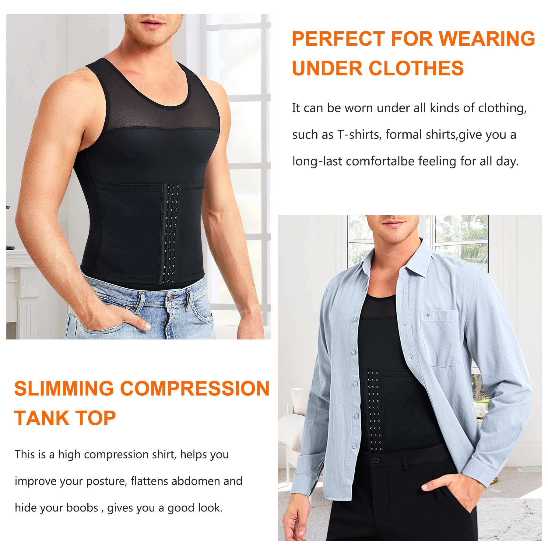 Wonderience Compression Shirts for Men Slimming Body Shaper Waist Trainer Tank Top Vest with Hooks(Black,2X-Large)