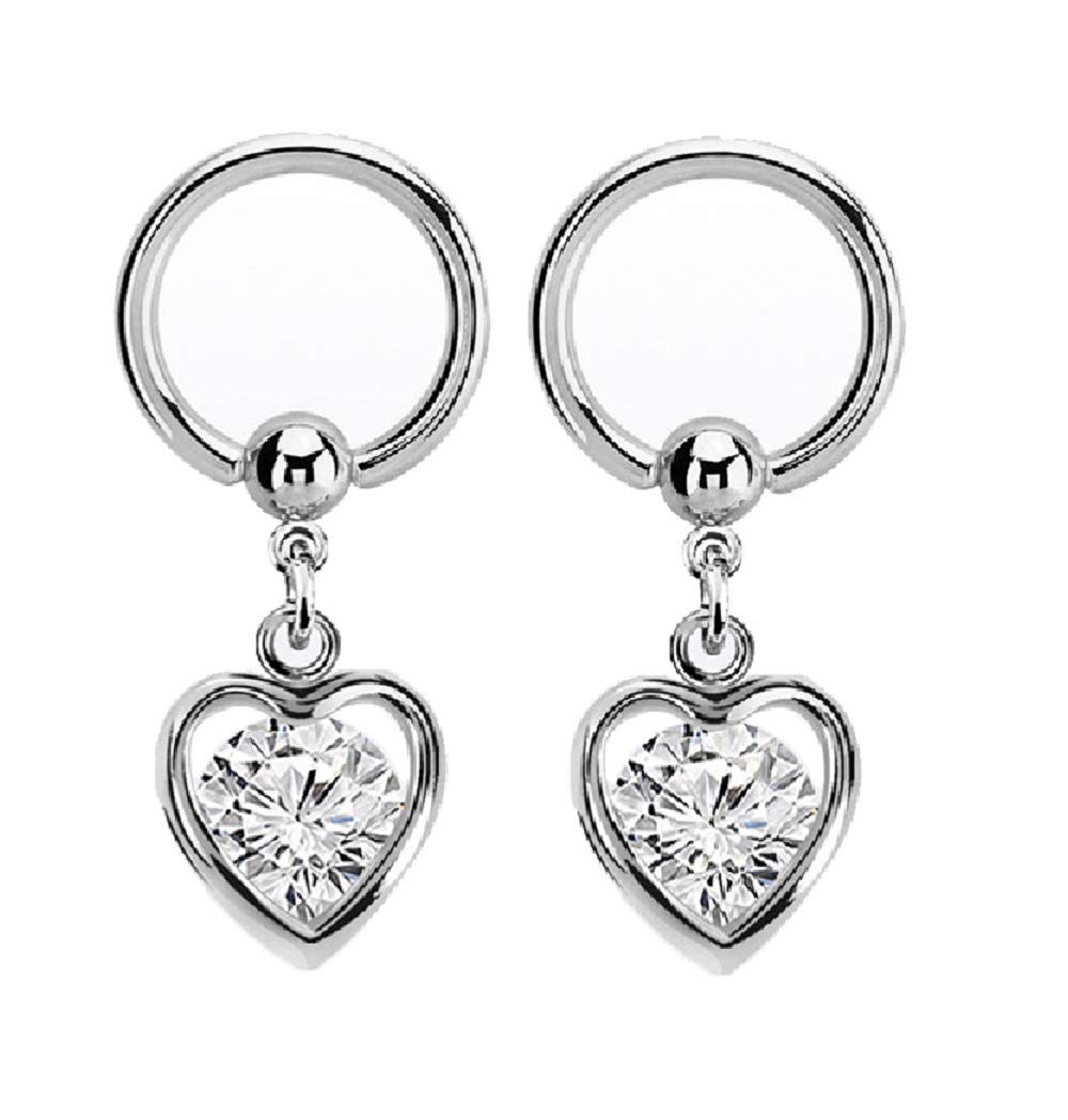 Pierced Owl 14GA Crystal Enclosed Heart Dangling Captive Bead Nipple Rings, Sold as a Pair (Lavender)