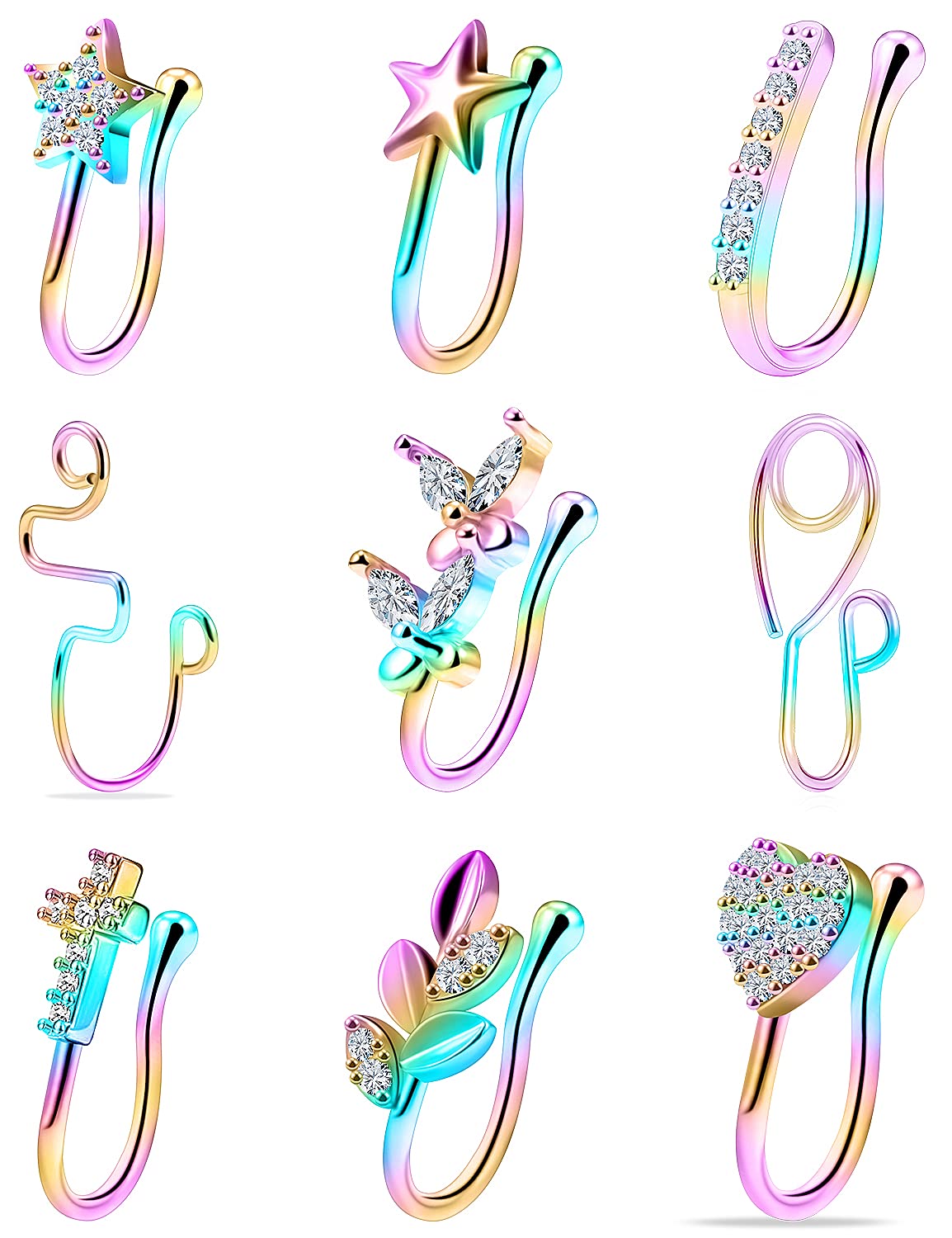 Vsnnsns Fake Nose Ring Stud Stainless Steel 20G Faux Septum Nose Piercing Jewelry Clip On Nose Ring Cuffs Non Piercing Nose Hoop Ring for Women Men 9pcs Rainbow