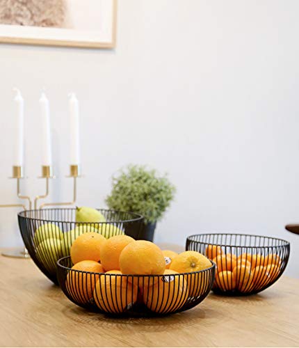 Yesland 2 Pack Metal Wire Fruit Basket- 11 Inches Black Kitchen Countertop Fruit Bowl Vegetable Holder for Bread, Snacks, Households Items Storage for Kitchen, Livingroom