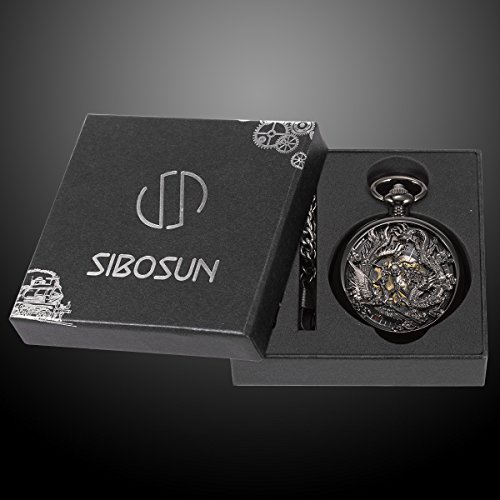 SIBOSUN Pocket Watch Antique Dragon Mechanical Skeleton Double Cover with Chain Men - Bronze Blue
