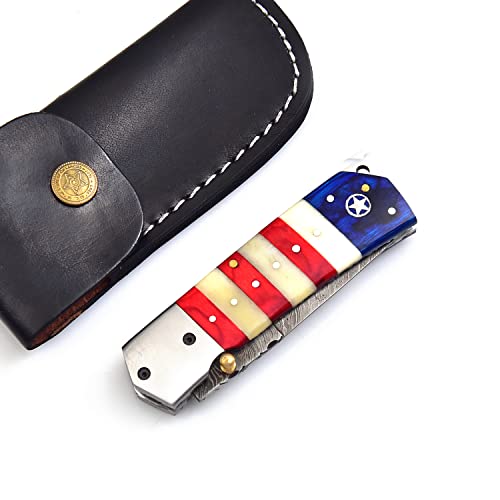 W Trading Custom Hand Made Damascus Steel Blade Gorgeous Folding Hunting Knife AMERCIAN FLAG, Liner Lock with Leather Pouch. ZE-5125-AF