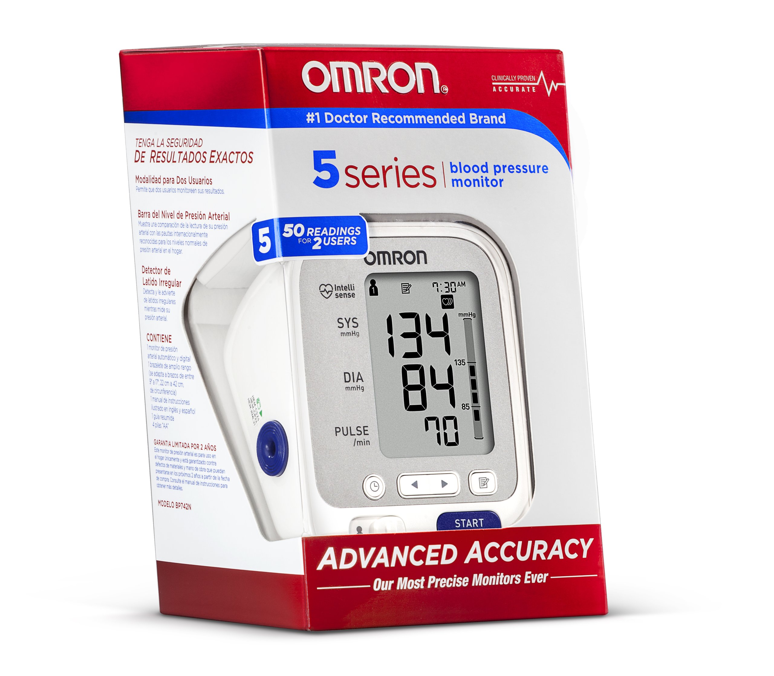 Omron 5 Series Upper Arm Blood Pressure Monitor; 2-User, 100-Reading Memory, Soft Wide-Range Cuff, 1 Dr. Recommended by Omron, White, Large