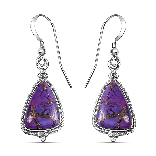Shop LC Purple Turquoise Dangle Drop Earrings in 925 Sterling Silver - Handmade Western Jewelry for Women - Boho Beach Dangling Earrings - Unique Gifts for Sister, Wife, Mom, & Grandma Gifts for