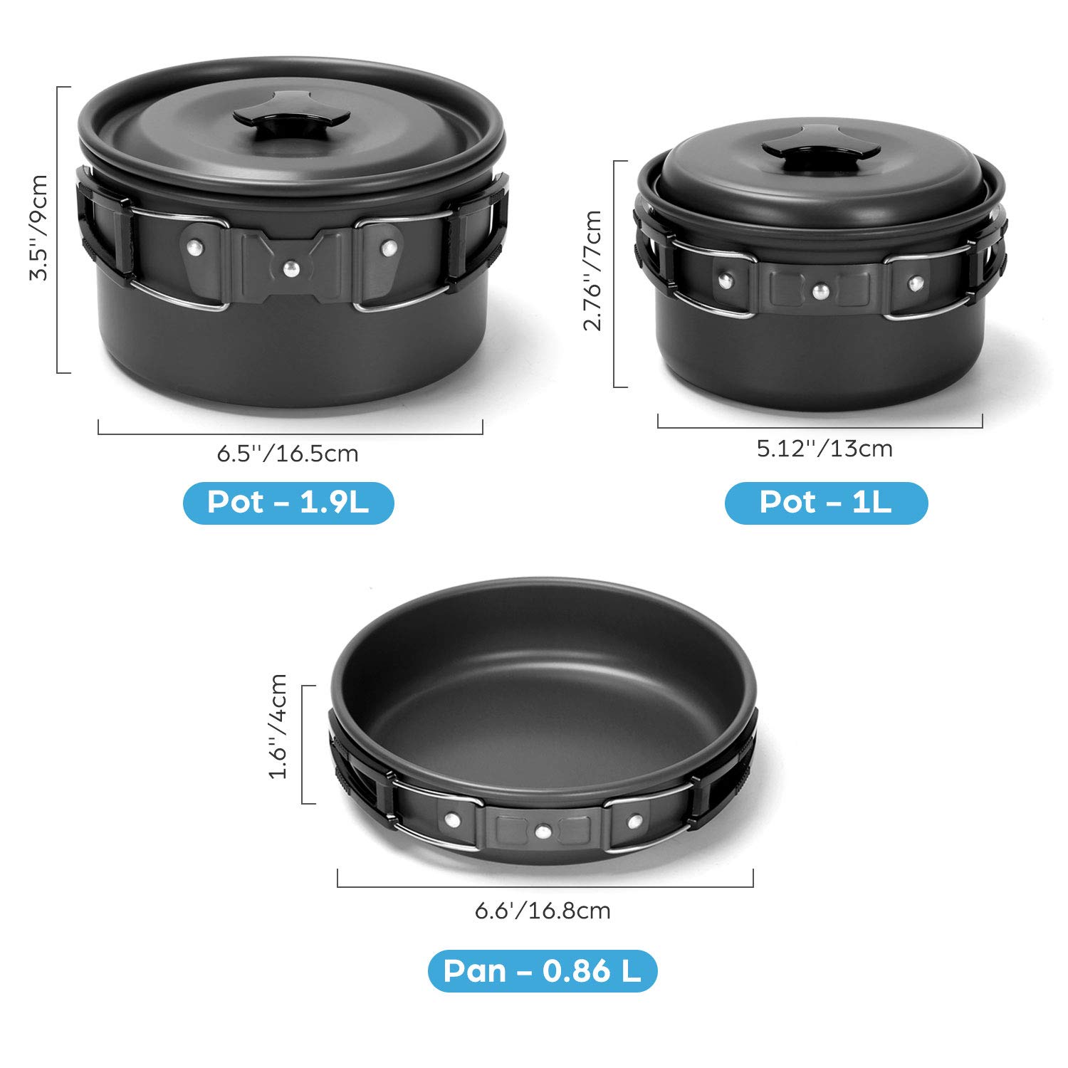Odoland 15pcs Camping Cookware Mess Kit, Non-Stick Lightweight Pots Pan Set with Stainless Steel Cups Plates Forks Knives Spoons for Camping, Backpacking, Outdoor Cooking and Picnic