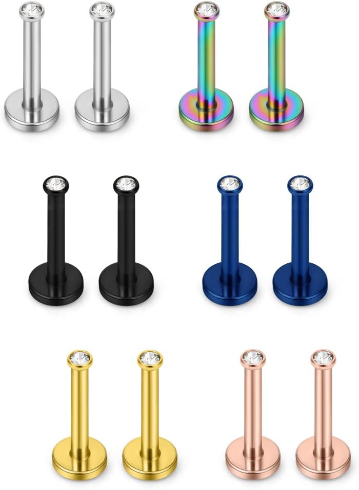 Ruifan 2mm Clear Round CZ Gem Internally Threaded Labret Monroe Lip Ring Tragus Nail Helix Earring Stud Barbell Piercing Jewelry Bar 6mm 16G 12PCS