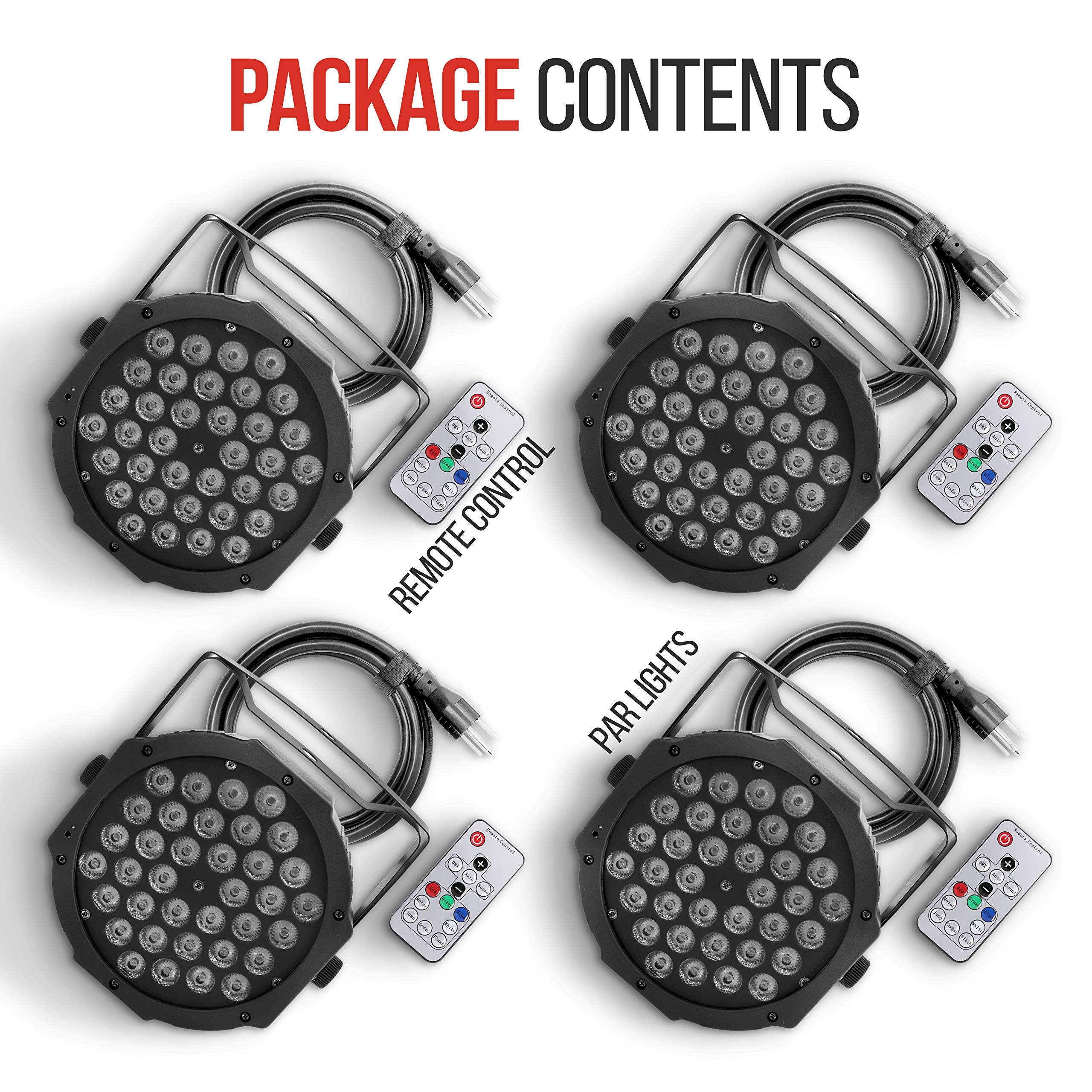 Pyle 4pcs Dj Par Lights Set - DMX, 40W 36 RGB LED Stage Projector Lights Package w/ Sound Sync, Master-Slave Mode - Professional Party Nightclub Lights Uplighting Lights for Events - Pyle PLDJLT44