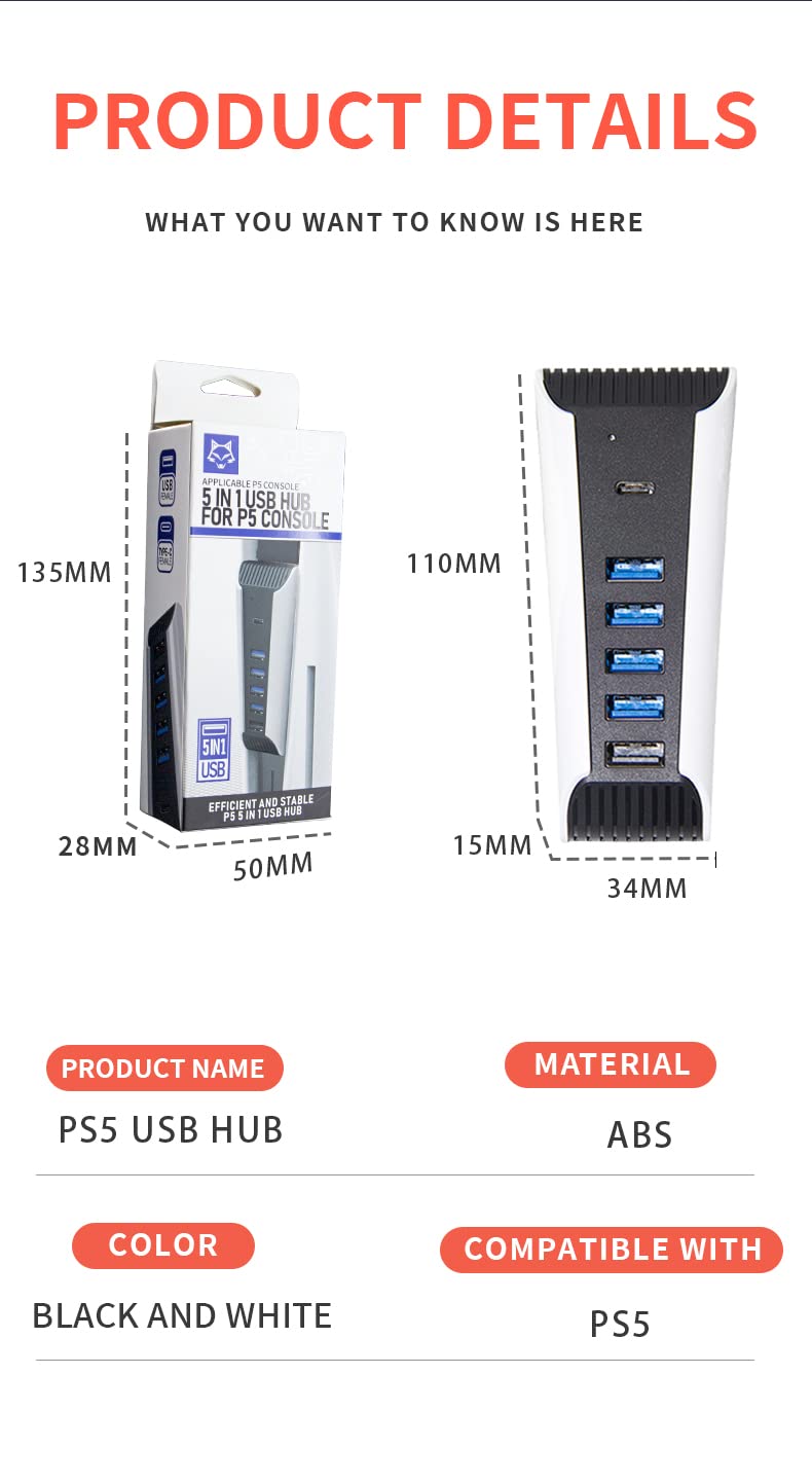 YBang 5in1 USB Hub for PS5, Adapter Console, Splitter Interface Usb2.0/3.0/Type-C, Expansion Dock Accessories