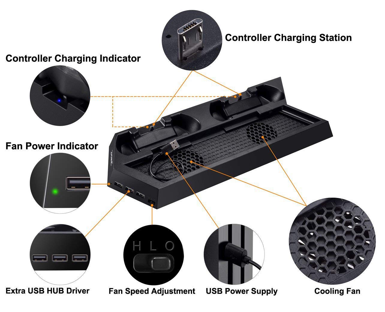 PS4 Universal Controller Charger KINGTOP PS4/PS4 Pro/PS4 Slim Fan Cooler Vertical Stand Dual Charging Station