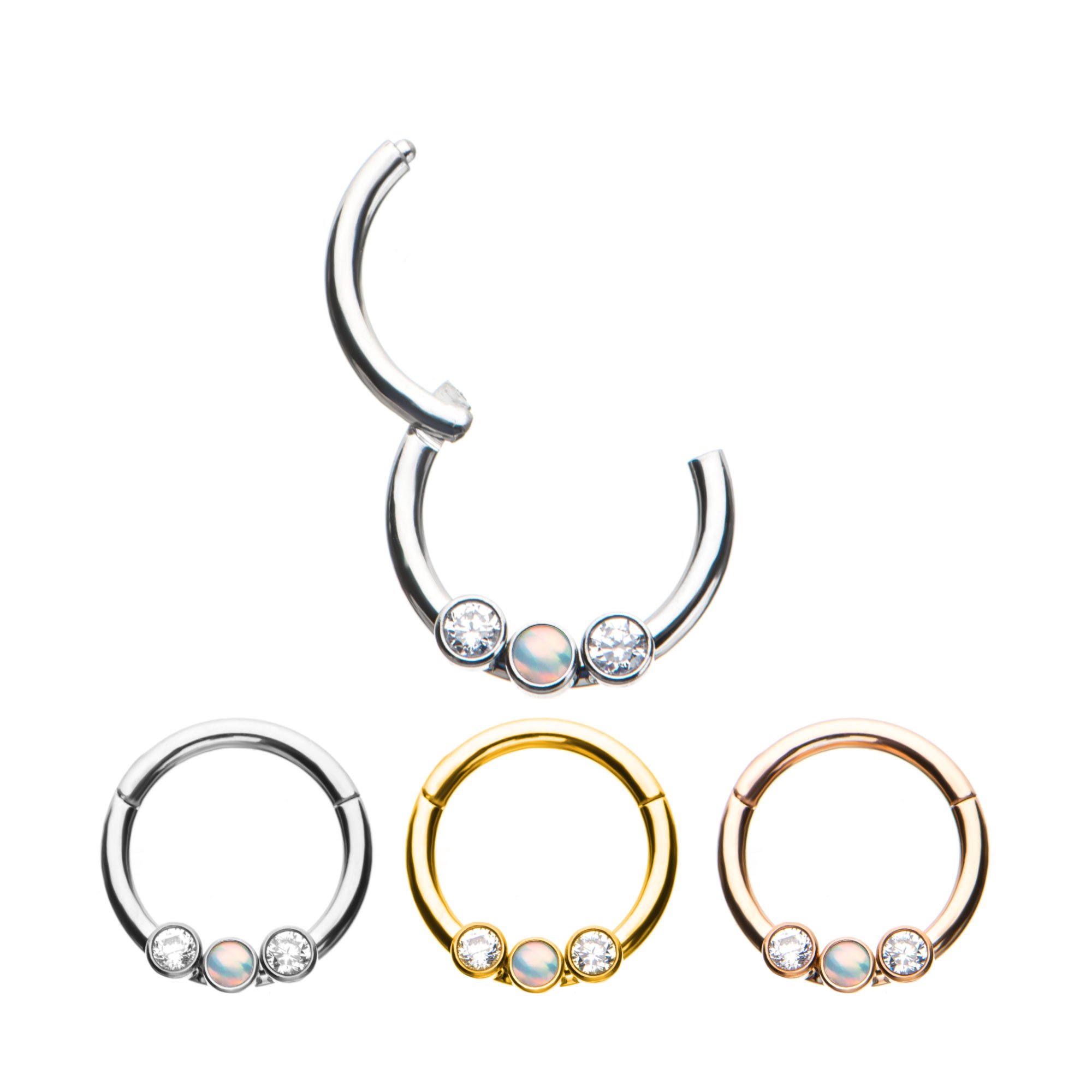 Pierced Owl 16G 5/16" Stainless Steel Bezel Set Opal and Clear CZ Gems Hinged Segment Ring (Silver Tone)