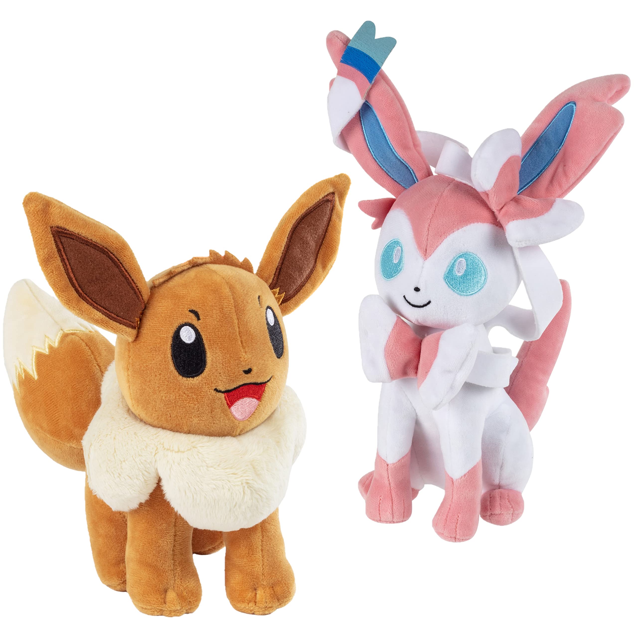 Pokemon 8" Eevee & Sylveon Plush Stuffed Animal Toys, 2-Pack - Eevee Evolution - Officially Licensed - Gift for Kids - 2+