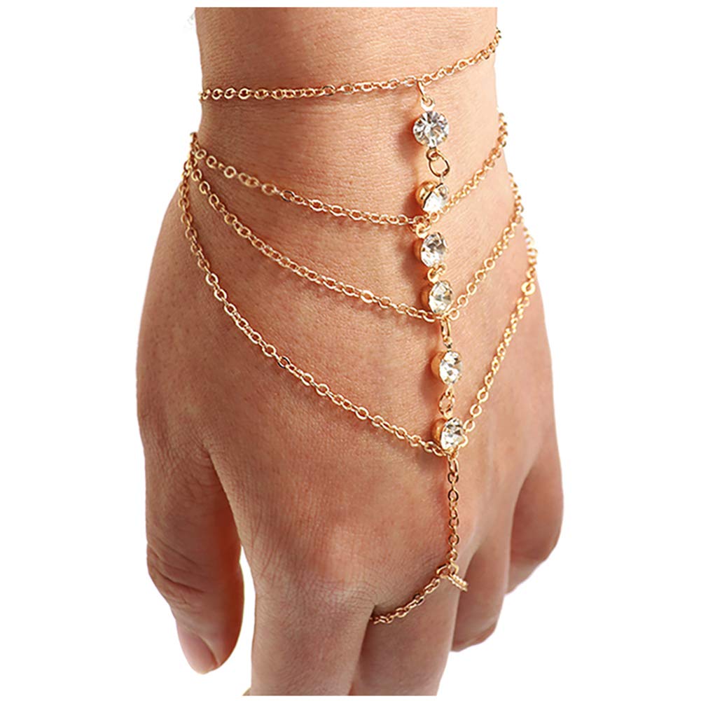 Suyi Finger Ring Bracelet Hand Harness Chain Bracelet Rhinestone Gifts for Women Gold 10CM/3.9IN 2 Pieces