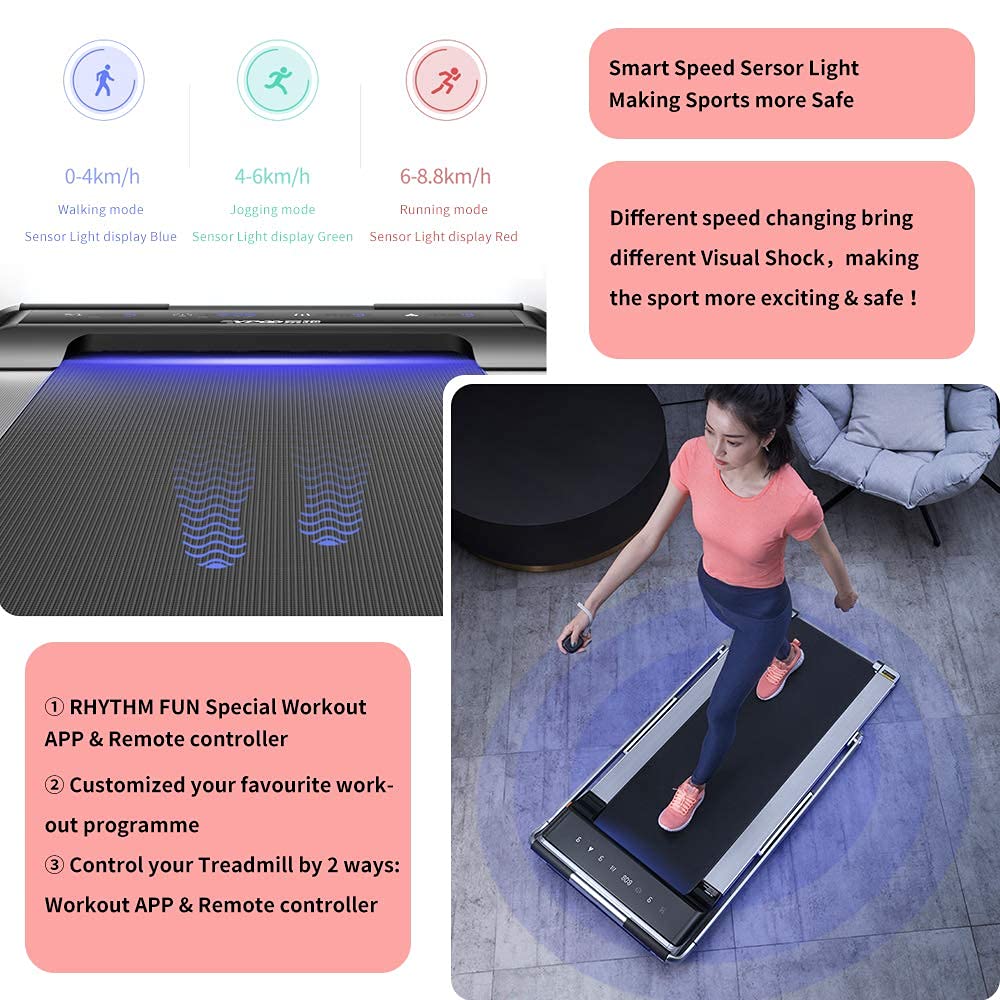RHYTHM FUN Foldable Under Desk Treadmill with Handrail, Speed Sensor, Smart Remote - For Home/Office