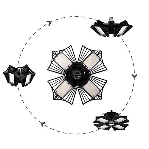 RUN STAR LED Garage Lights 75W,6000 lumens LED Garage Ceiling Light, CRI 80, 6000K Daylight with 4 Adjustable Panels, E26/E27, Shop Light for Garage, Barn, Workshop,Warehouse (Black(1 Pack))