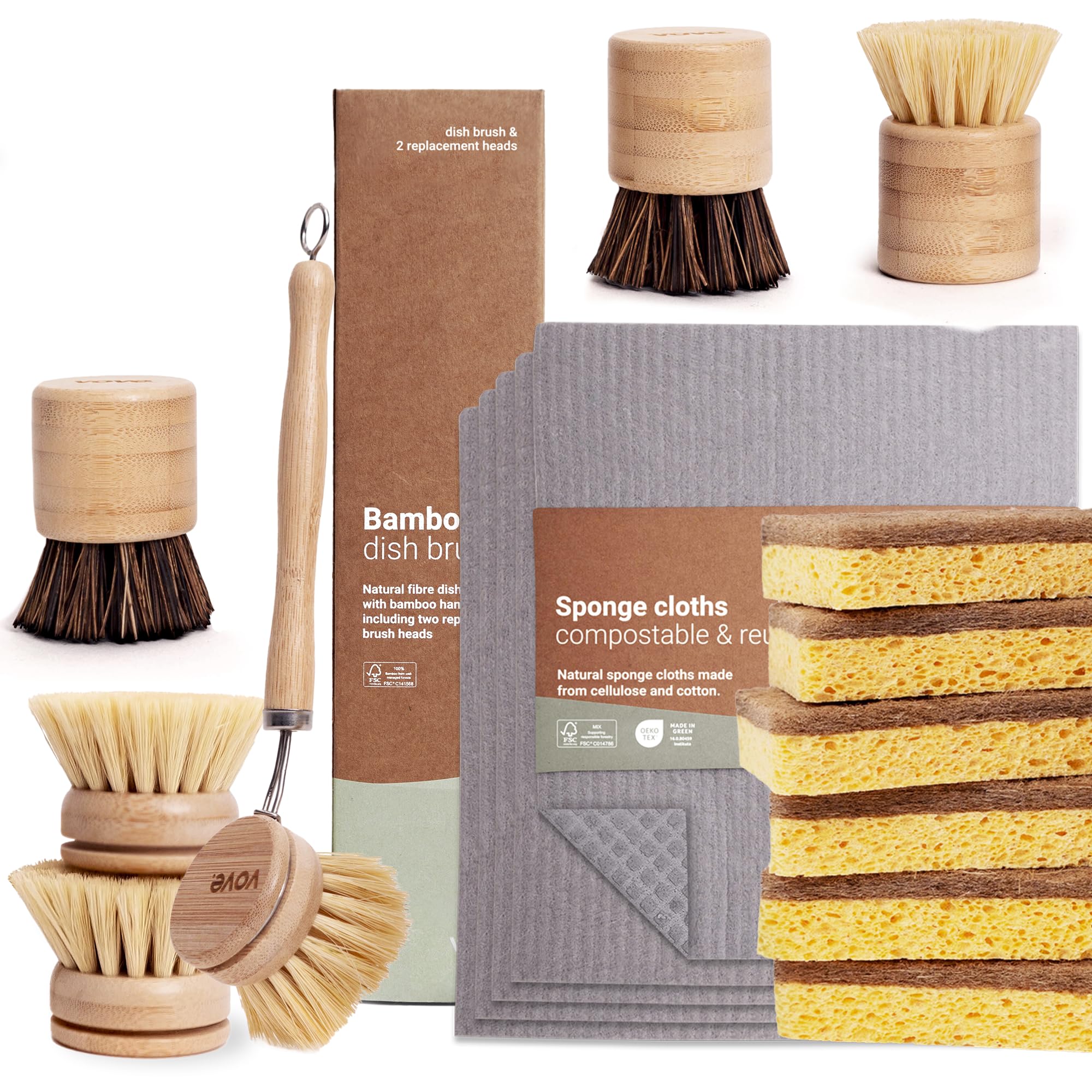 Vove | Big Cleaning Bundle | 6 Scrub sponges, 3 Sponge Cloths & Bamboo Dish Brush | Non-Scratch Scrubber | Eco-Friendly Cleaning Bundle | Natural Fiber | Plastic Free | Washing up S