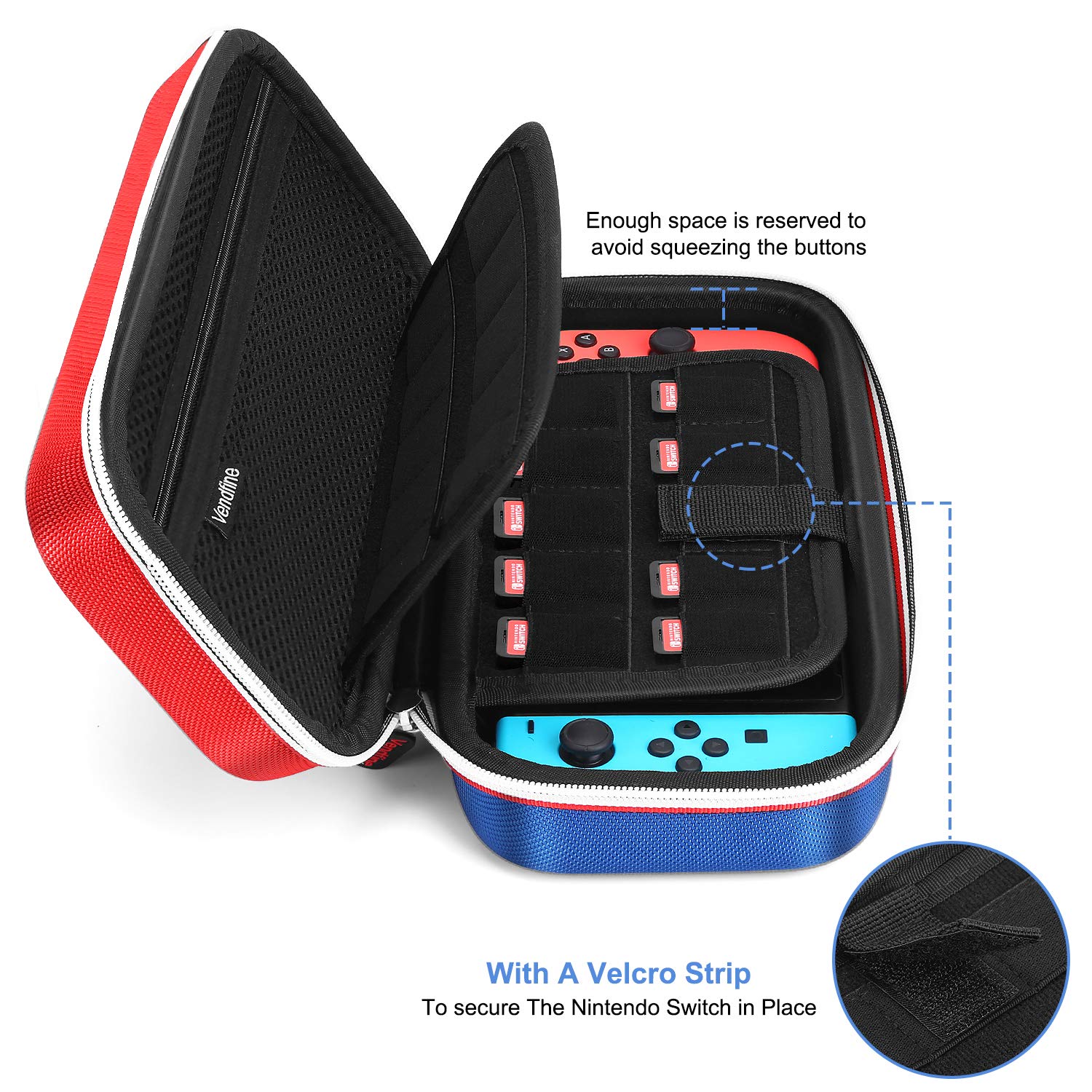 Vendfine Carry Case Compatible with Nintendo Switch - Sturdy Protective Hard Travel Carry Case for Nintendo Switch, Enough space to store Original Charger, extra Joycons & Accessories,Stylish Red/blue