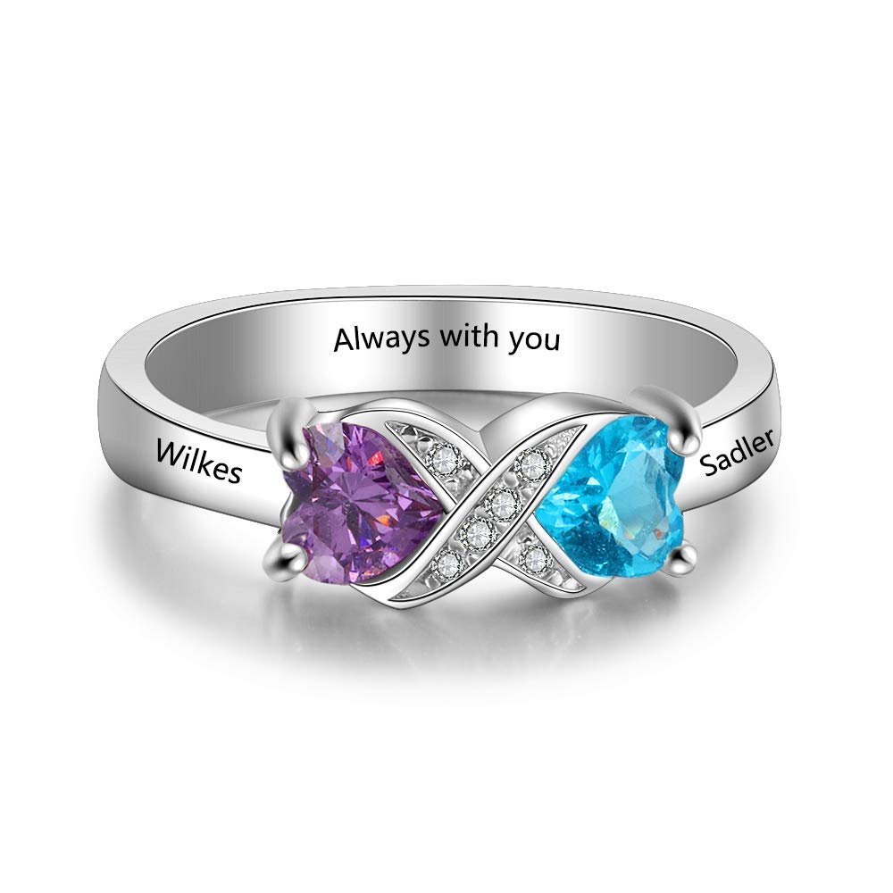Personalized Infinity Mothers Ring with 2 Heart Simulated Birthstones Engagement Promise Rings for Women (7)