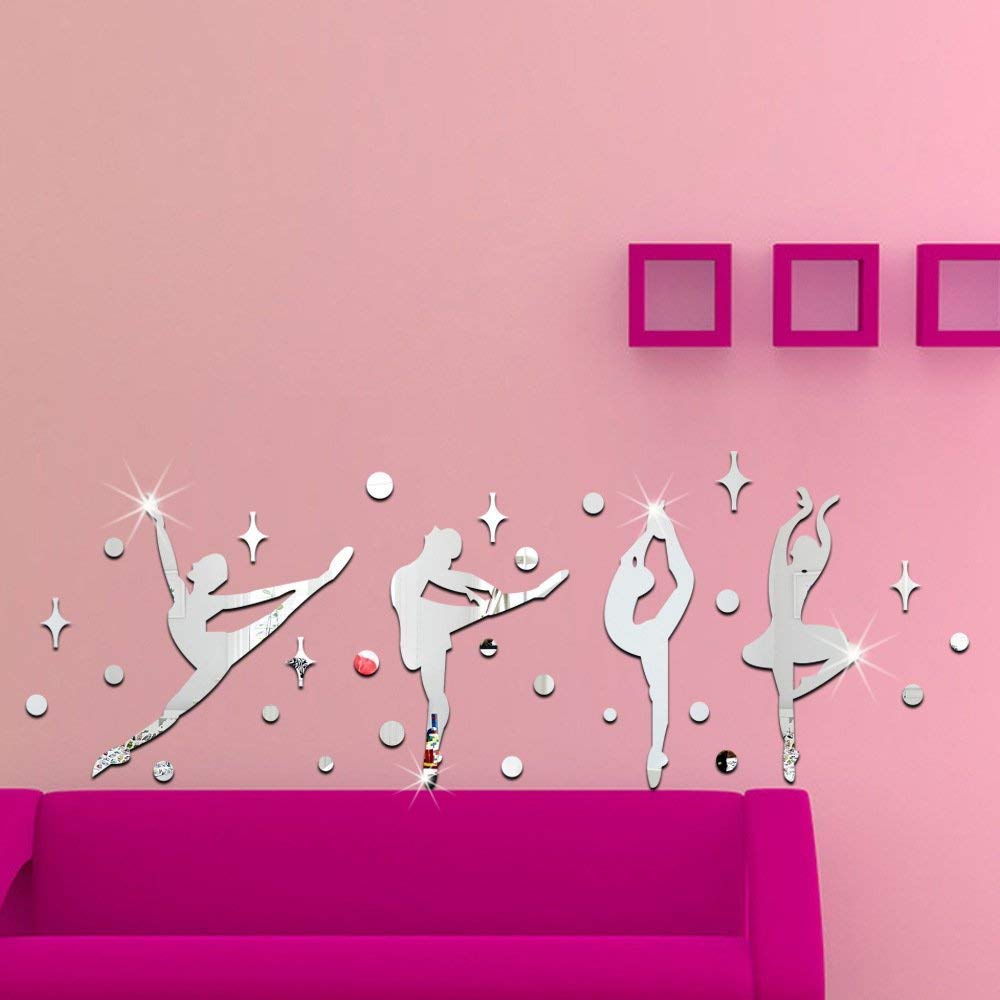 QISHENG Ballet Girl Mirror Dance Classroom Baby Girl's Room Bedroom Wall Stickers 39.4x14.2" (Silver)