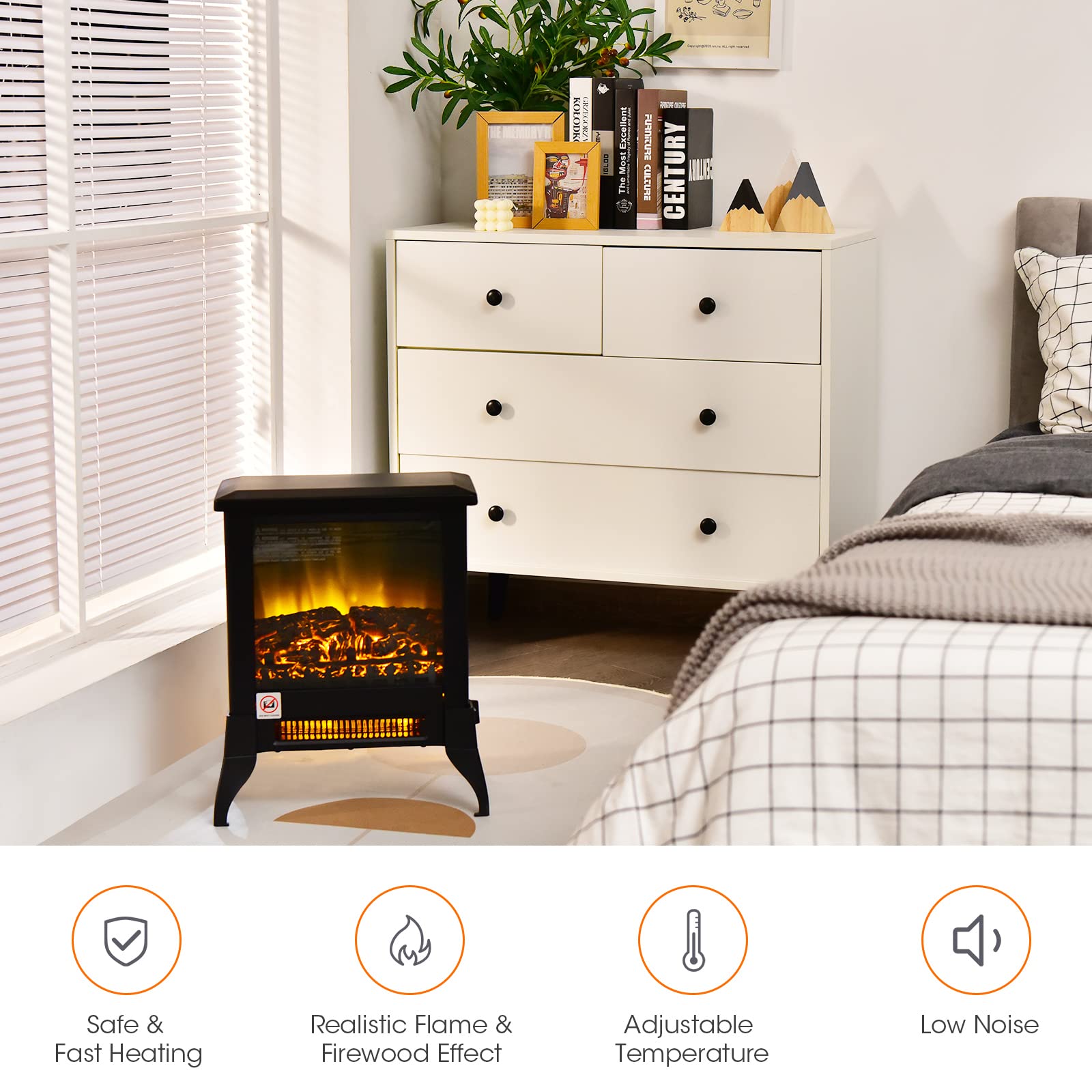 Tangkula 18 Inches Electric Fireplace Stove, 1400W Freestanding Fireplace Heater w/Realistic Flame Effect, Adjustable Temperature, Overheat Protection, Quiet Operation, Space Heater for Indoor Use
