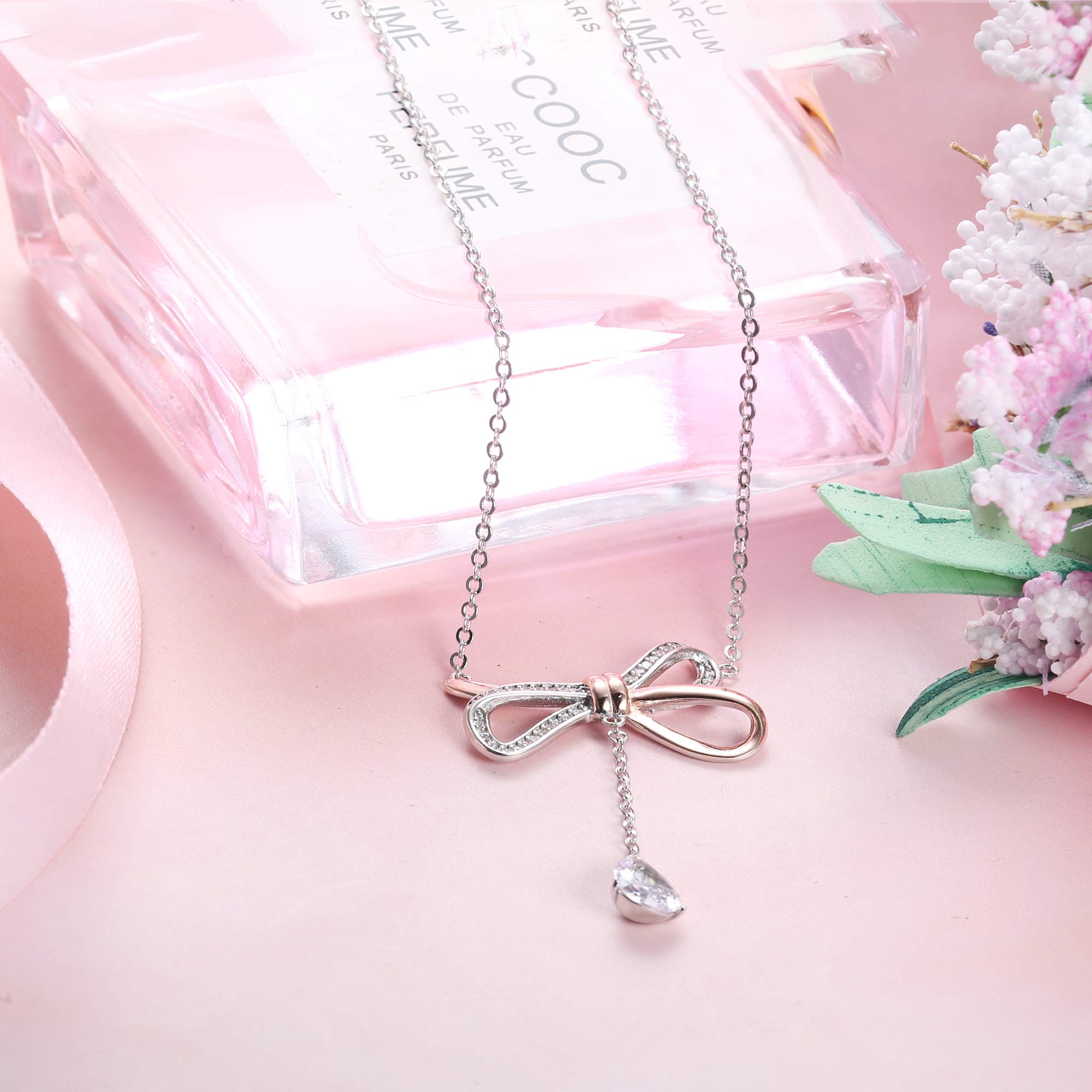 Sllaiss Sterling Silver Bow Necklace Made with Austrian Crystals Pendant Gift for Women Rose Gold 16" with 2" Extender Adjustable