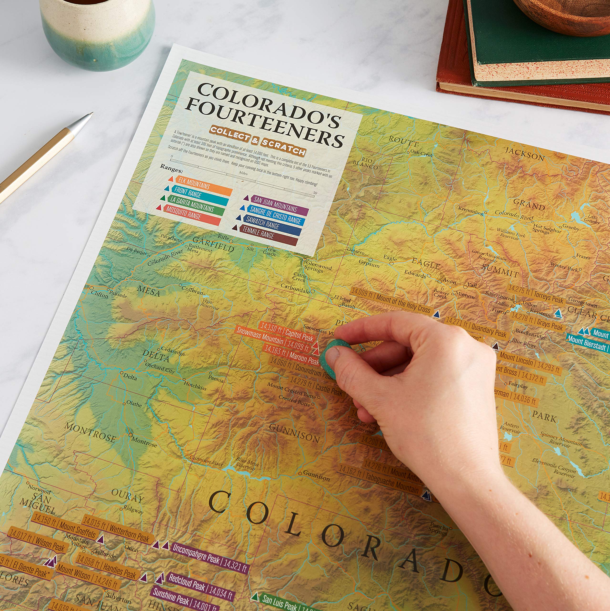 Scratch Off Colorado Fourteeners Map Poster - 14ers Mountain Peaks - Ideal Bucket list Gift for Climbers - 22 x 17