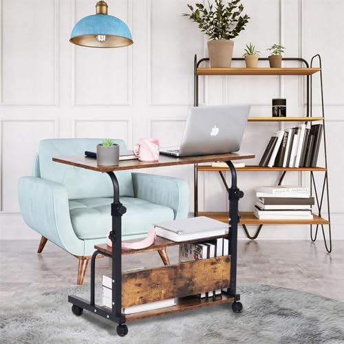 Portable Rolling Desk Adjustable Height Small Standing Desk on Wheels, 32 Inch Computer Desk Laptop Table for Home Office Study Student Desk with Storage Mobile Desk for Couch Bedroom Rustic