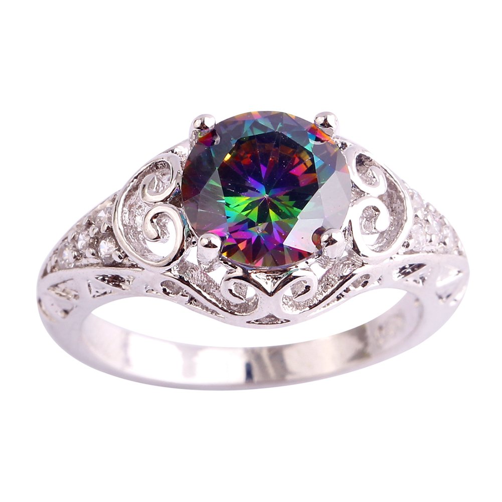 Psiroy 925 Sterling Silver Plated Round Simulated Rainbow Topaz Floral Cocktail Ring for Women Size 10
