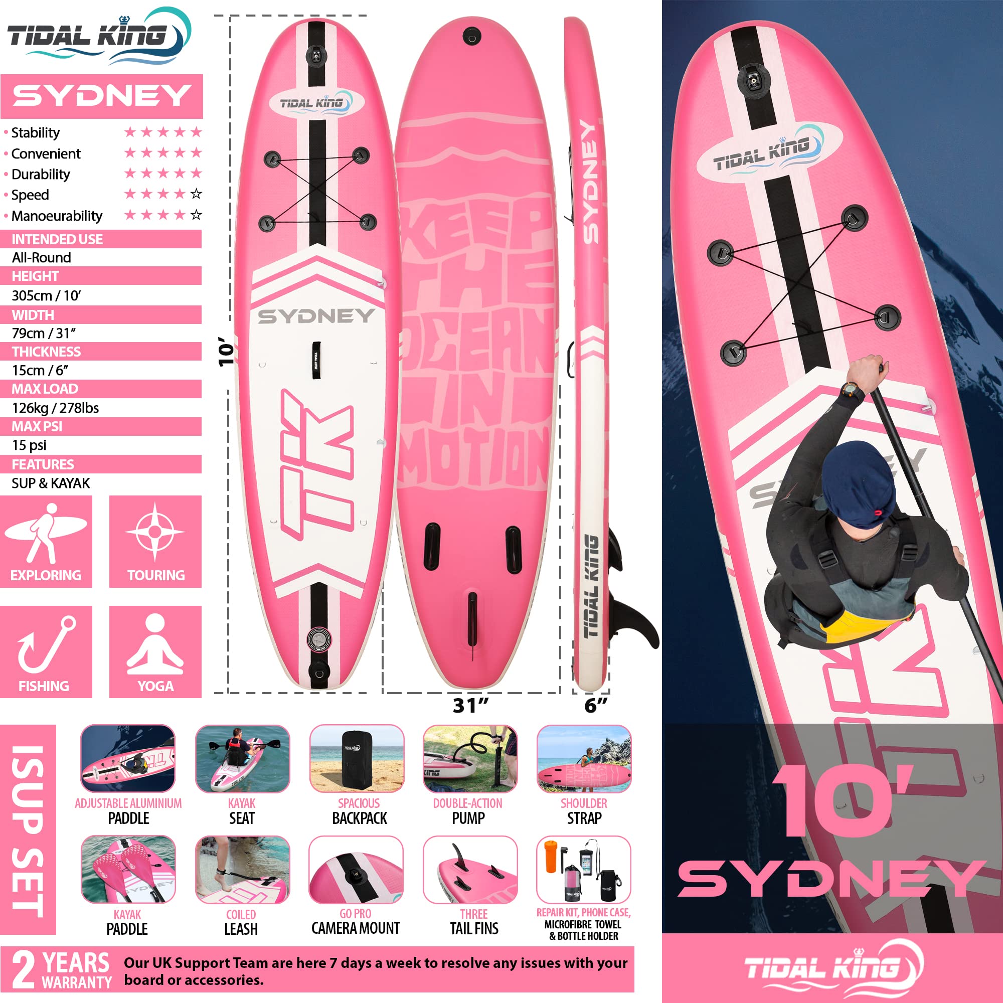 Tidal King Sydney 10' x 31" x 6" ISUP & Kayak Options Stand Up Paddle Board Ideal for Beginners - Paddle, Backpack, Pump, Leash, Phone Case & 2 Year Warranty (Pink SUP/Kayak)
