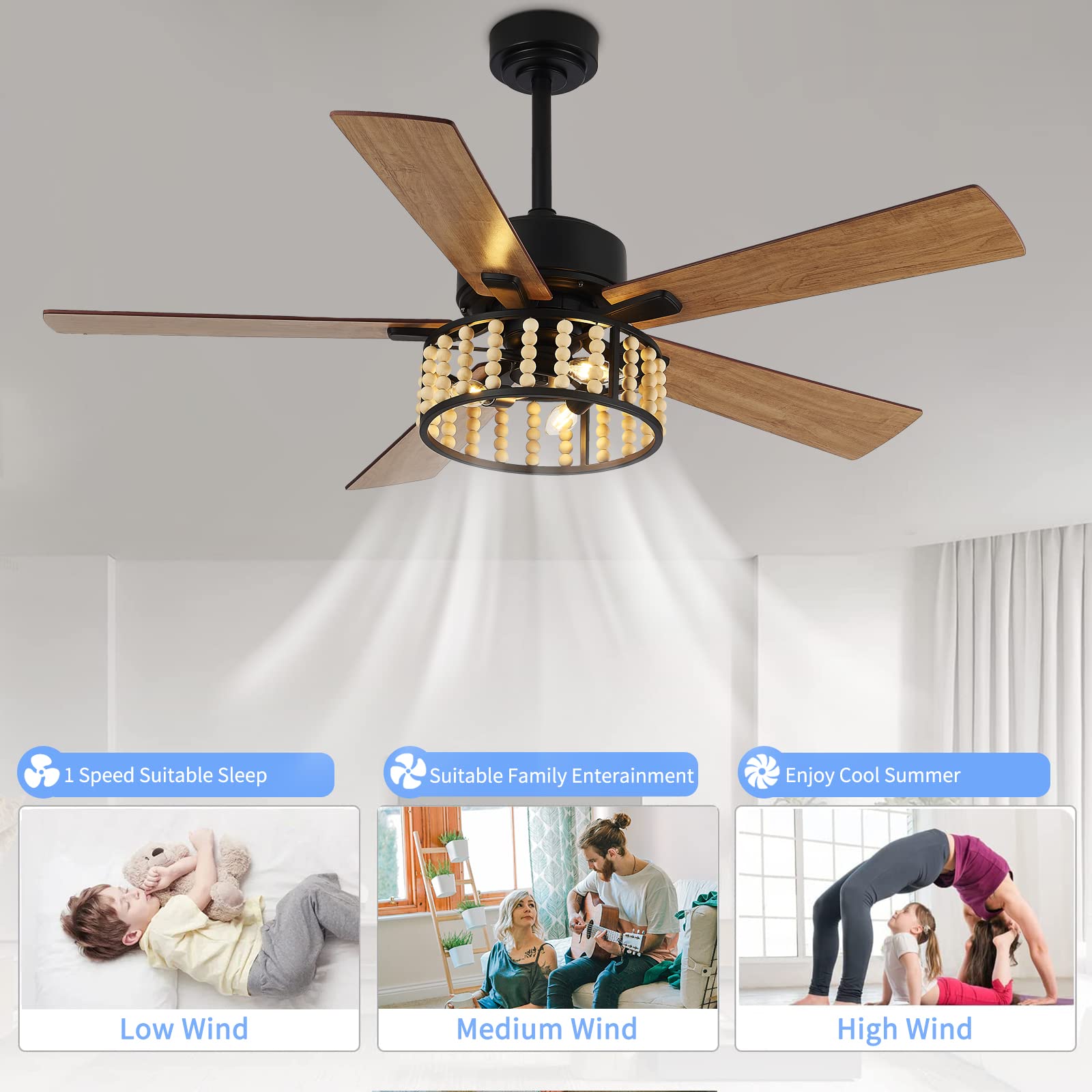 Rustic Ceiling Fan with Light and Remote Control, Industrial Farmhouse Ceiling Fans with 5 Brown Wooden Fan Blades and Retro Unique Wheel Shape,Pull Chains Control for Kitchen/Living Room