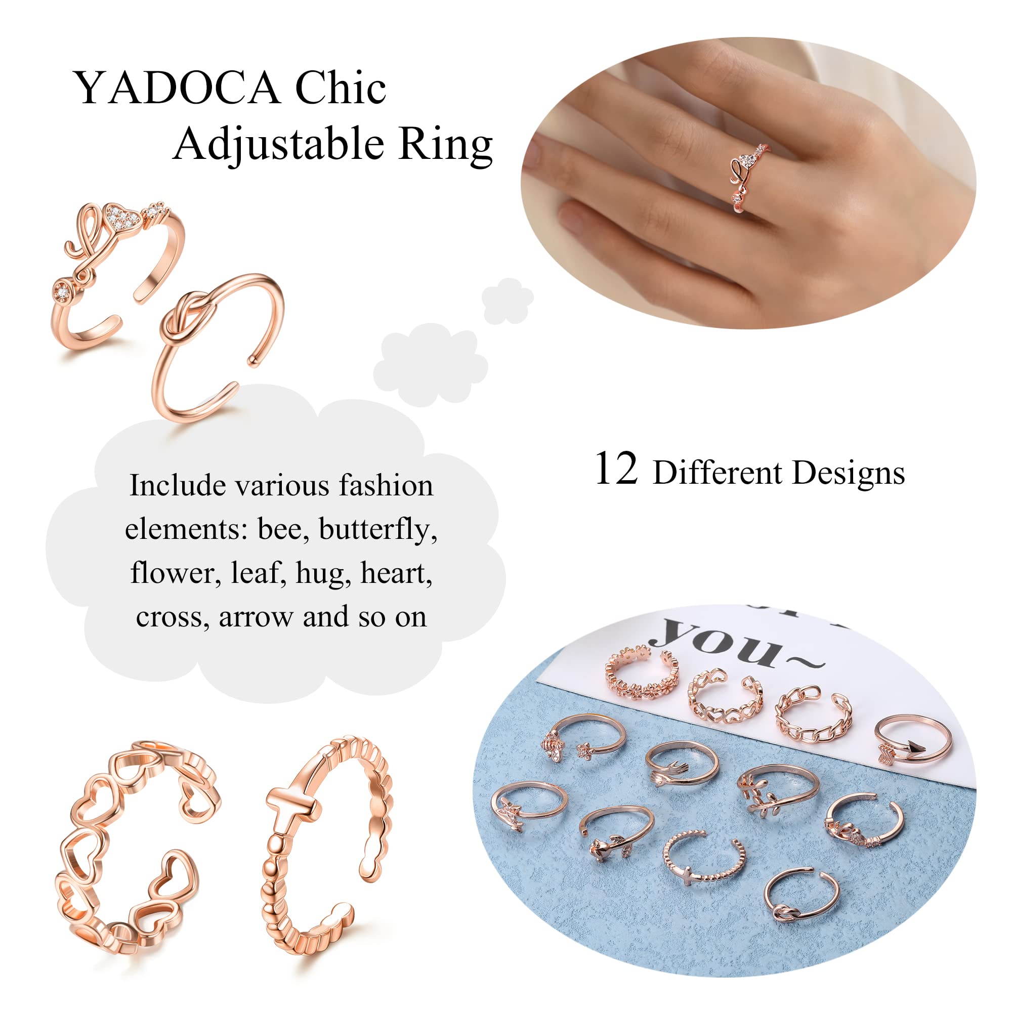 YADOCA 12PCS Adjustable Toe Rings for Women Stackable Knuckle Thumb Rings Set Open Arrow Knot Flower Bee Stacking Tail Pinky Band Rings Pack Summer Beach Foot Jewelry Rose Gold