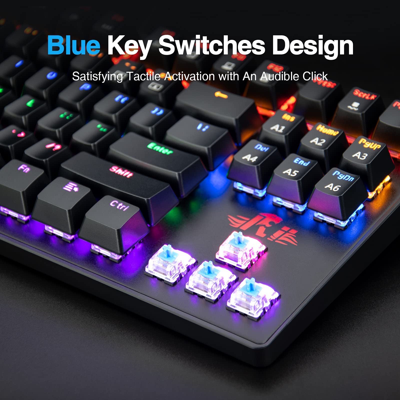 Rii RK908 Mechanical Gaming Keyboard RGB LED Rainbow Backlit Wired Compact Keyboard with Blue Switches 87 Keys for Windows PC Gaming