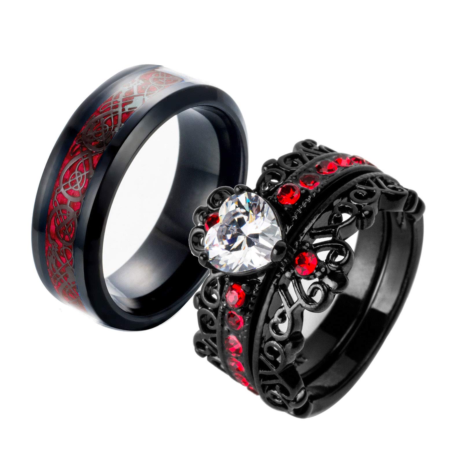 Ringcrown Couple Rings Black Plated Heart Red Cz Womens Wedding Ring Sets Crown Ring Titanium Man Wedding Bands(Please Buy 2 Rings for 1 Pair)