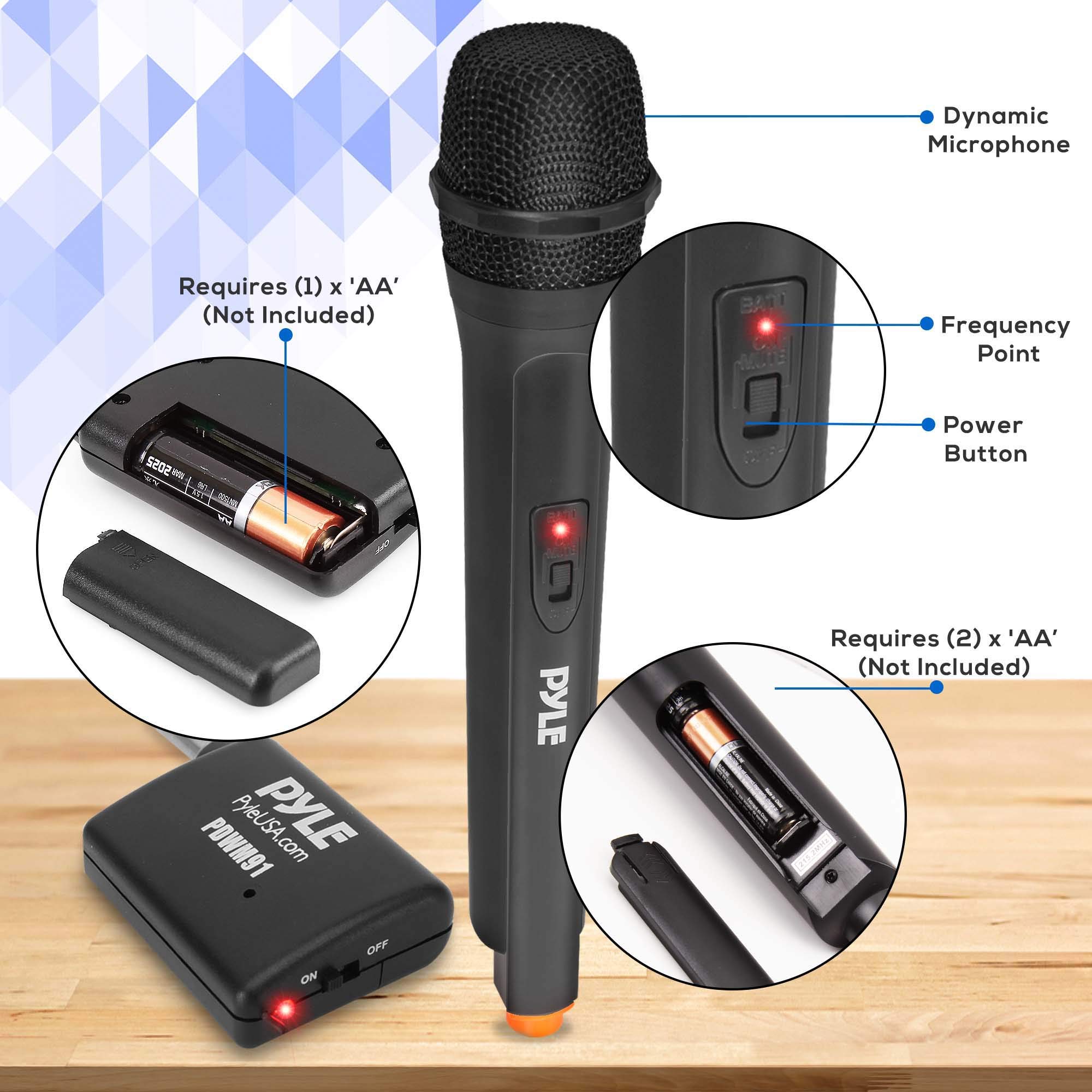 Pyle Portable VHF Wireless Microphone System - Professional Battery Operated Handheld Dynamic Unidirectional Cordless Microphone Transmitter Set W/Adapter Receiver, for PA Karaoke DJ Party, Black