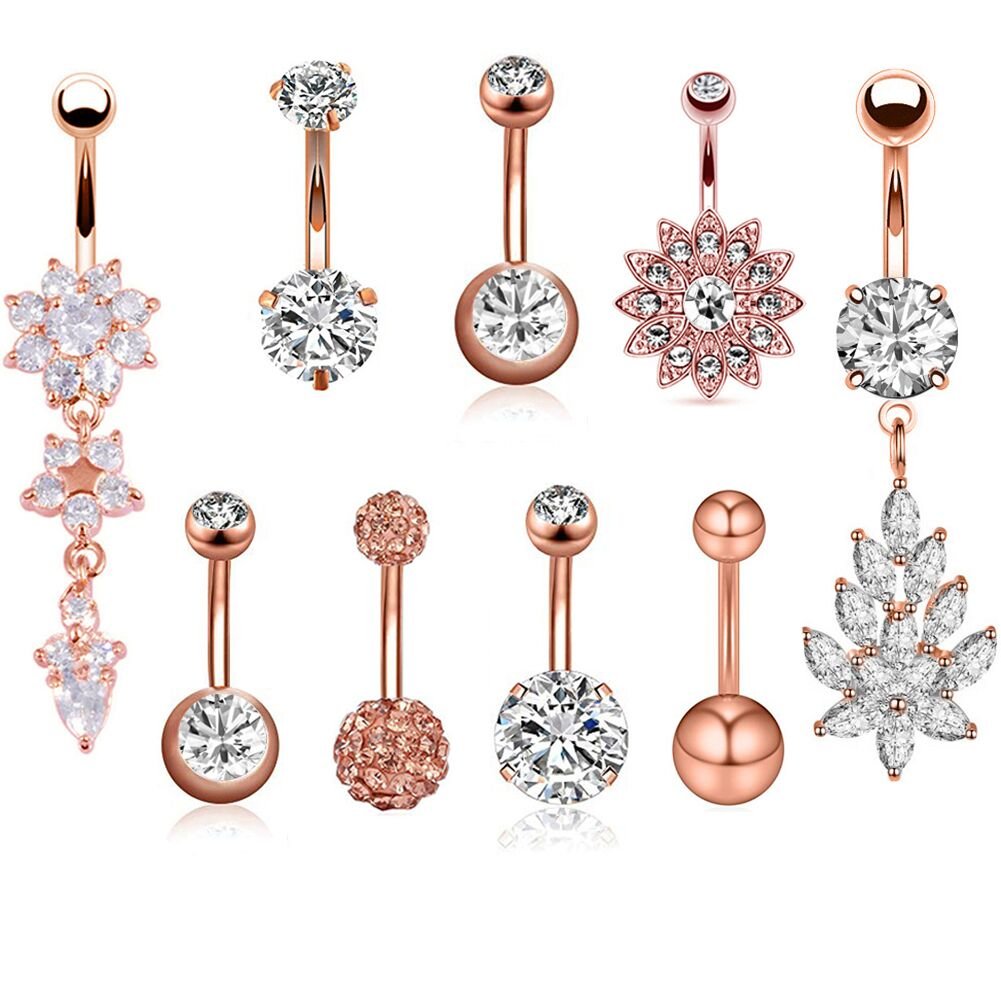 SENNI 9 Pcs 14G Stainless Steel Dangle Belly Button Rings Screw Navel Barbell Piercing Jewelry For Women (Rose Gold)