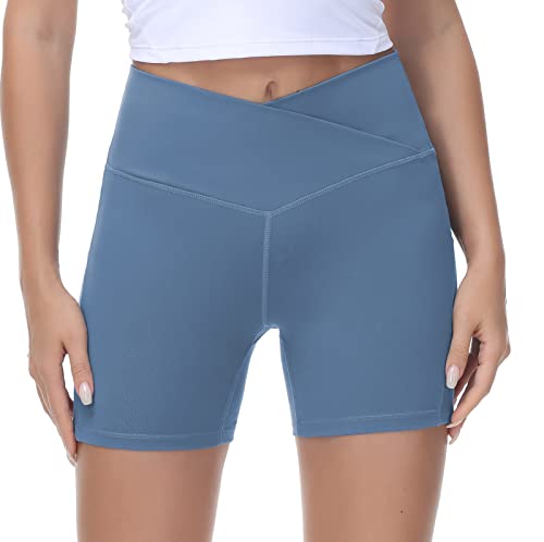 Women's Cross Waist Workout Shorts Tummy Control Spandex Athletic Biker Shorts with Deep Pockets Black