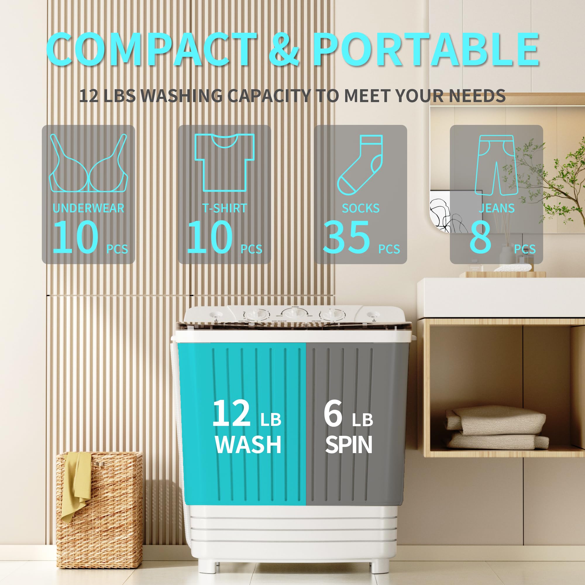 Portable Washing Machine, 2-in-1 Twin Tub 26 lbs Capacity Washer and Spinner with Control Knobs, Timer Function, Drain Pump, Compact Laundry washer for Home Apartment RV, Black