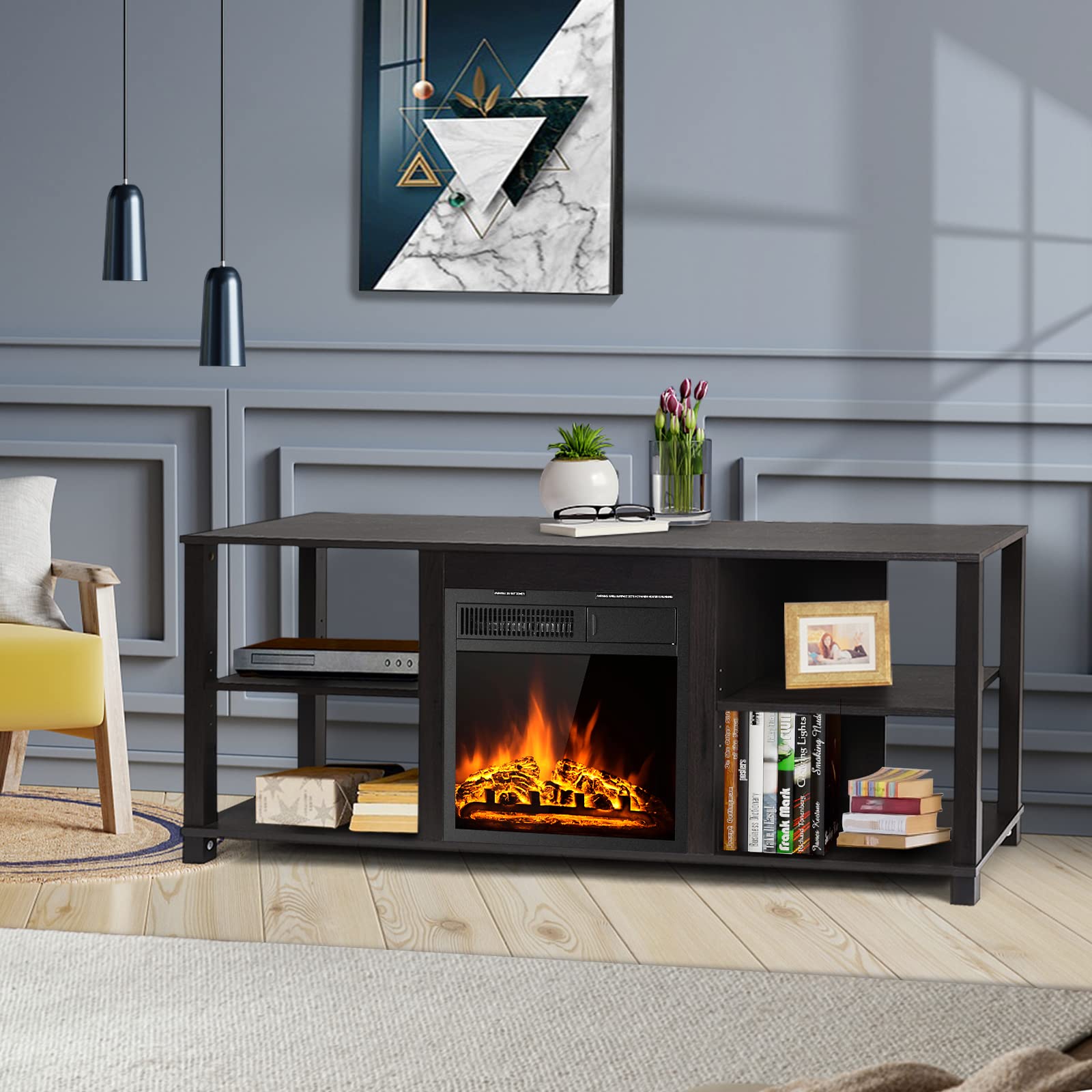 Tangkula Fireplace TV Stand for 65 inches TV, with 18 inches 1500W Recessed Electric Fireplace with 7 Flame Setting & Remote Control,Faux Fireplace TV Stand