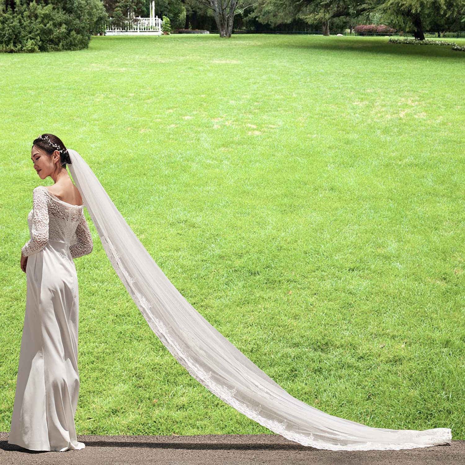 SYZ-inems Wedding Veil and Tiara, Veils for Brides, 1 Tier Lace Cathedral Wedding Veil with Comb (59" W-118 L,White)