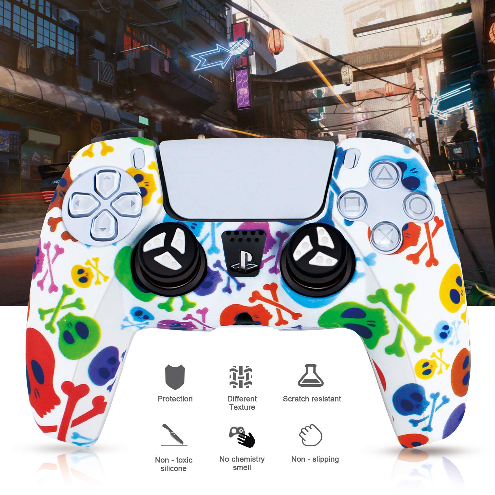 SIKEMAY Silicone Printing Cover Skin for PS5 Controller Grip, Protective Case for Playstation 5 Accessories with 10 Thumb Grip Caps(Colorful Skull)