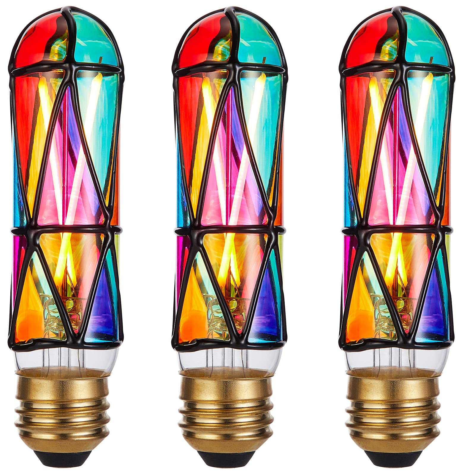 Tiffany CtrlCV Stained Glass Light Bulbs, Decorative T10(T30) Tubular Unique Edison 4W E26 Base Party Light Bulbs for Home, Room, Wall Sconces, Chandelier, Table Lamp, Floor Lamp, 3 Pack.