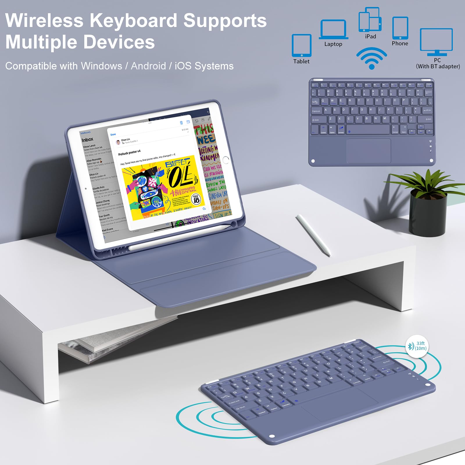 PDGSHMB Keyboard Case for iPad 9th 2021 / iPad 8th 2020 / iPad 7th Generation 2019 Case with Pencil Holder/Touchpad-Magnetically Detachable Bluetooth Keyboard Smart Cover for iPad 10.2 Inch, (Purple)