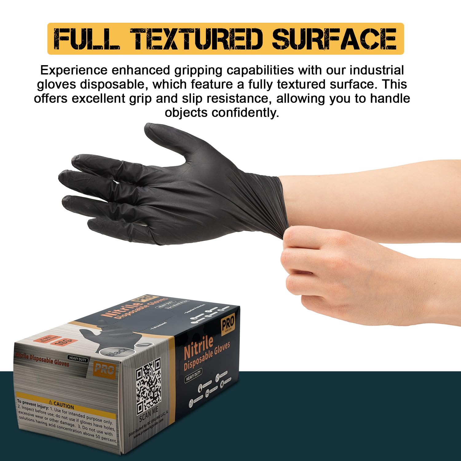 Pro Work Guide Black Nitrile Disposable Gloves 8 Mil, Latex & Powder Free, Full Textured Grip, Chemical Resistance (Extra Large)