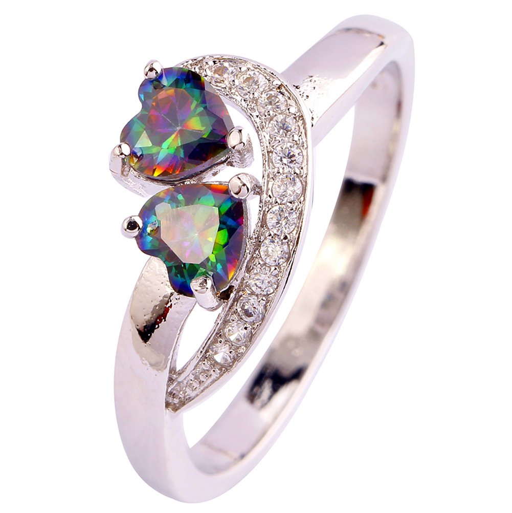 Psiroy Women's 925 Sterling Silver Created Rainbow Topaz Filled Heart Promise Ring