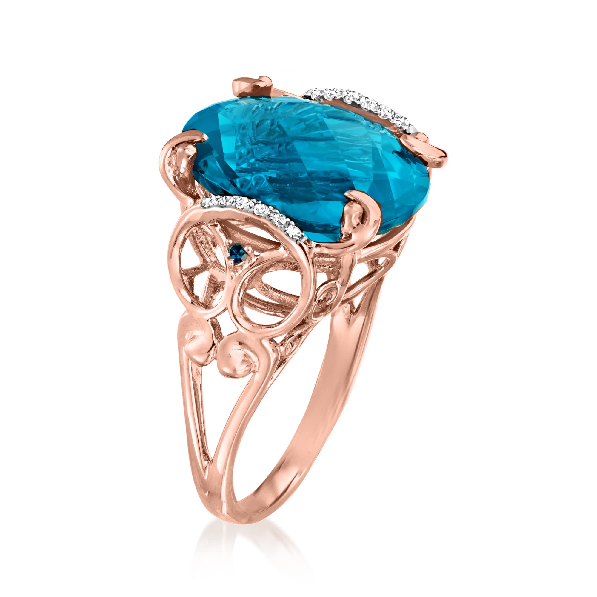 Ross-Simons 10.00 Carat London Blue Topaz Ring With Blue and White Diamond Accents in 14kt Rose Gold. Size 5