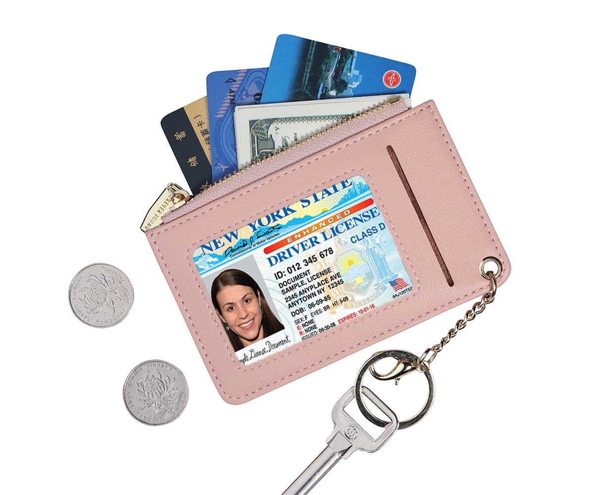 Small Wallets for Women Slim Leather Card Case Holder Wallet Coin Change Purse with Keychain (Light pink)