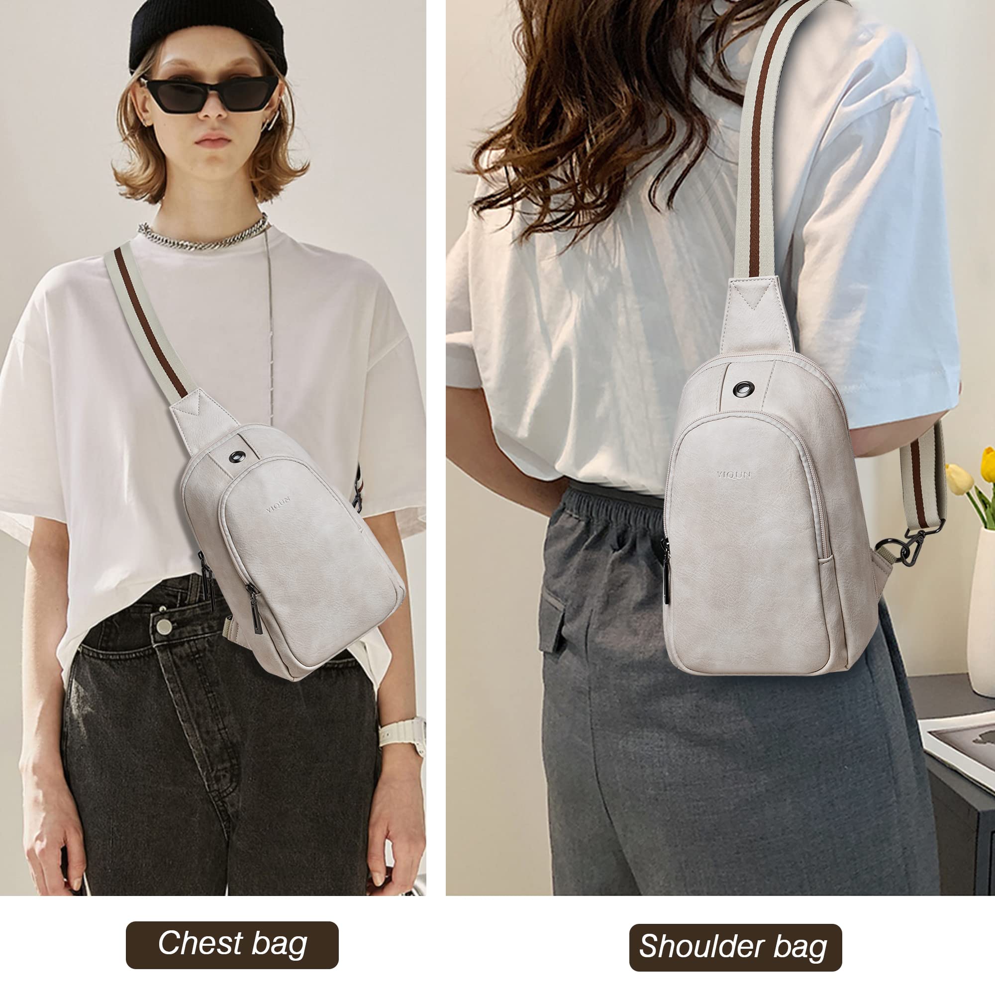 YIQUN Women's Leather Sling Bag, Fanny Pack for Travel, Hiking - Rice White
