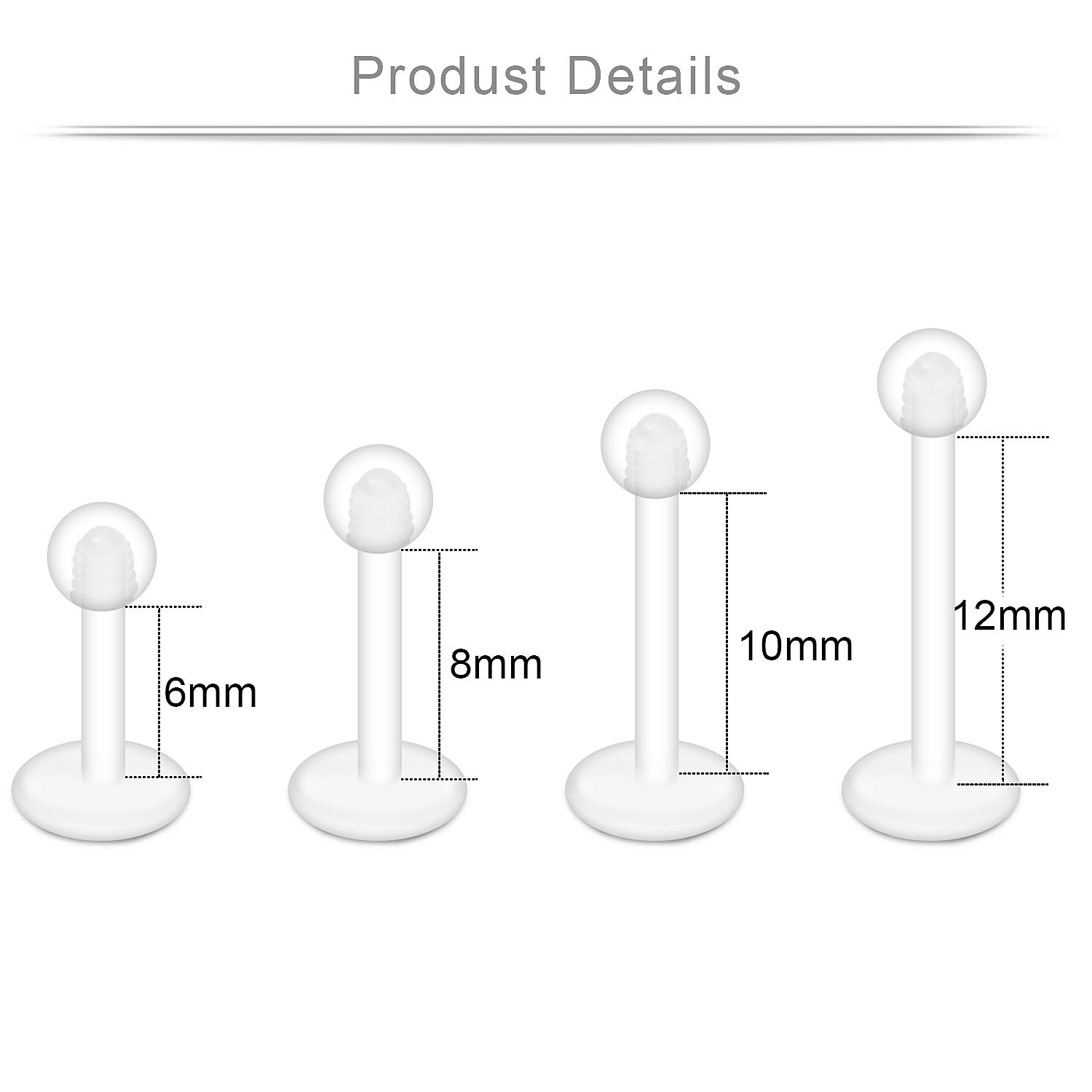 Ruifan 40PCS 16G 6mm 8mm 10m 12mm Clear UV Flexible Acrylic 3mm Ball Labret Monroe Lip Ring Tragus Helix Cartilage Earring Stud Barbell Piercing Jewelry