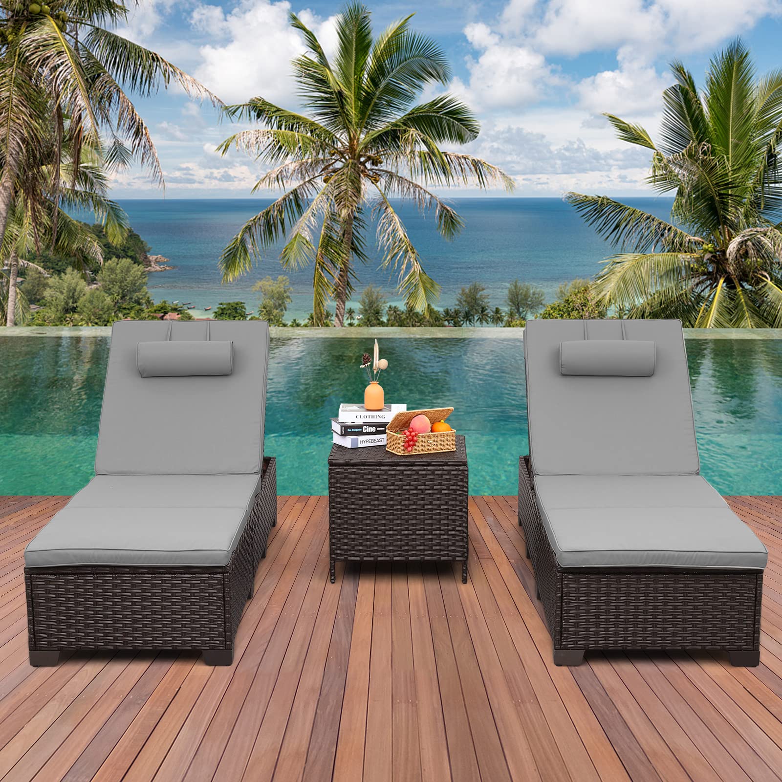 Outdoor PE Wicker Chaise Lounge Set, Patio Lounge Chairs, Outside Poolside Lounger Furniture Set of 3, Brown Rattan Recliners with Adjustable Backrest, Grey Cushions, and Storage Table